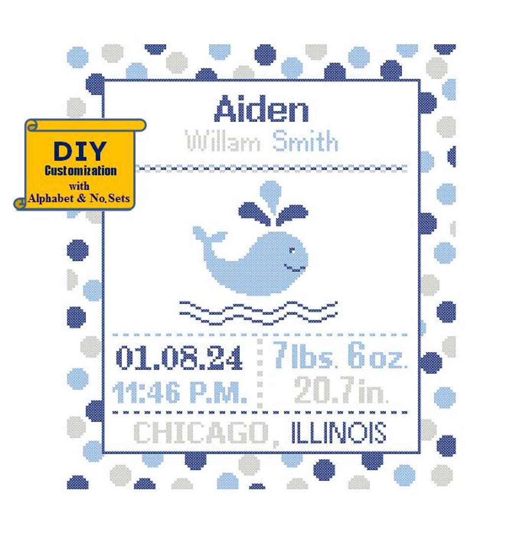 Whale Birth Announcement Whale Birth Record Boy Birth Sampler Nautical ...