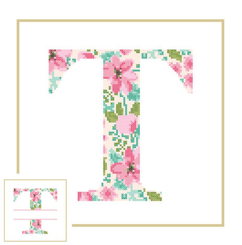 Floral Monogram T Cross Stitch Pattern T Initial T Letter | Etsy