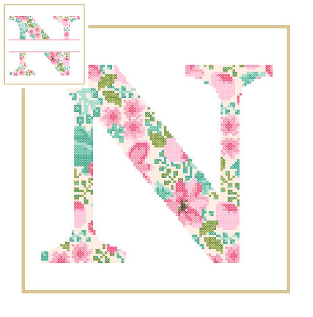 Floral Monogram N Cross Stitch Pattern N Initial N Letter Cross Stitch ...