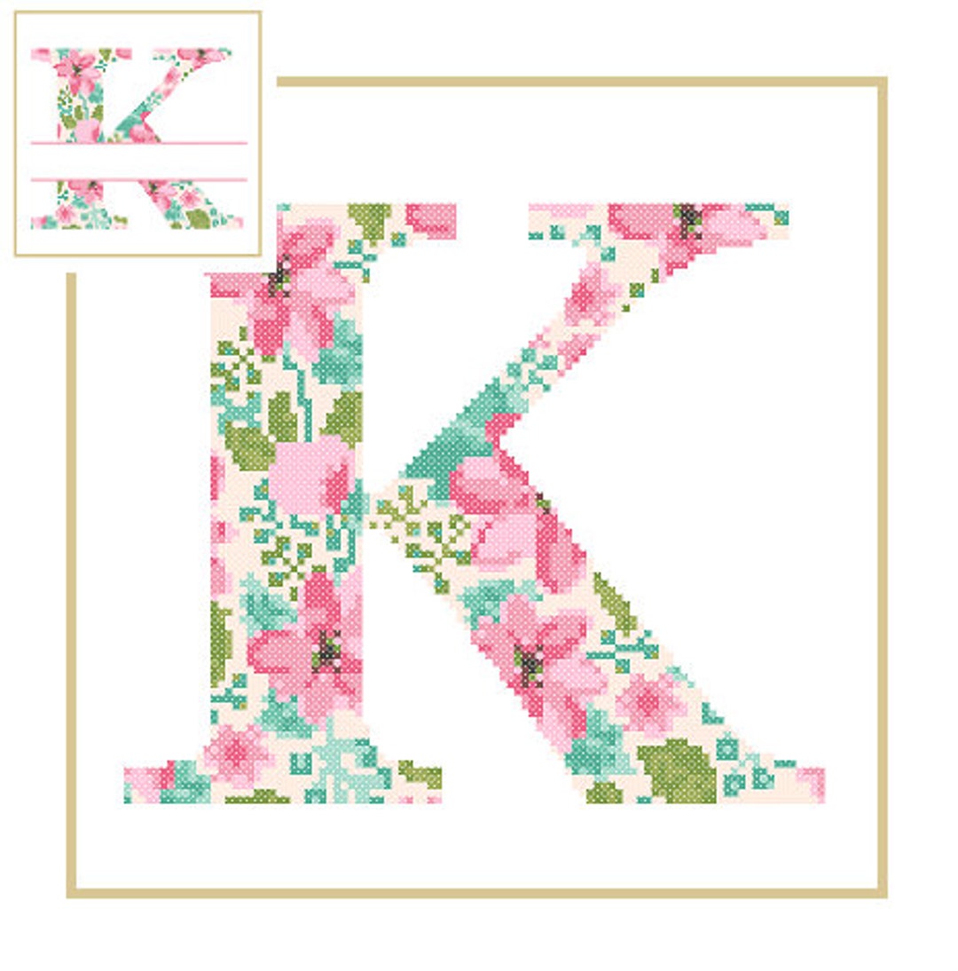Floral Monogram K Cross Stitch Pattern K Initial K Letter Cross Stitch ...