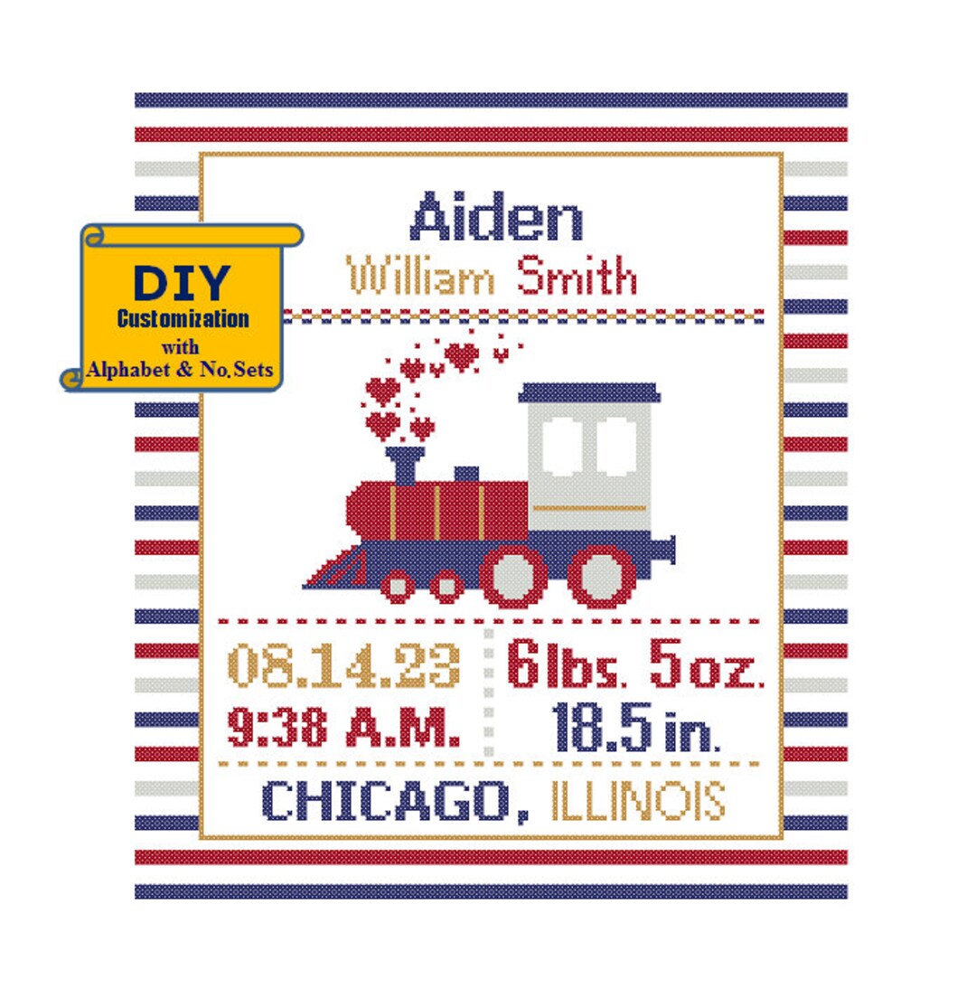 Best Train Engine Pattern Cross Stitch Birth Announcement Cross Stitch ...