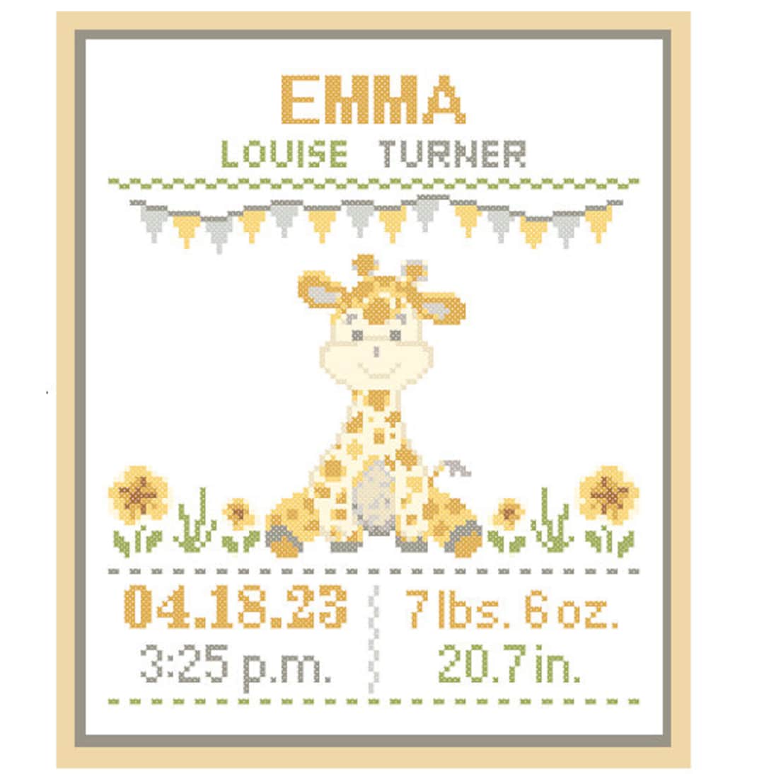 Custom Pattern Giraffe Cross Stitch Birth Announcement Cross Stitch ...