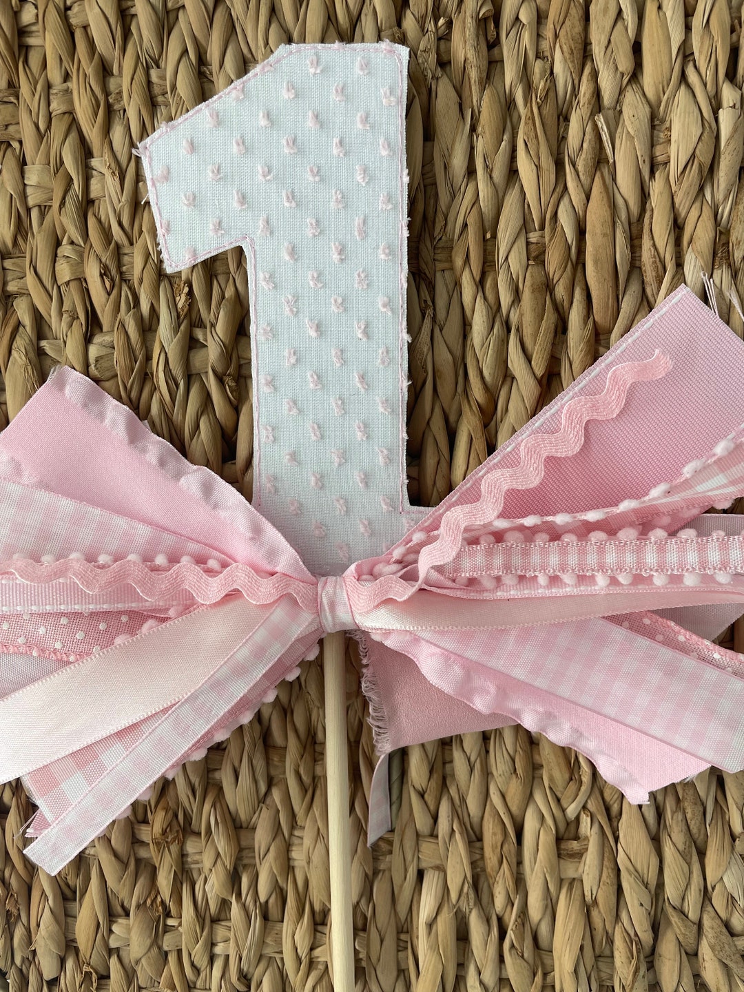 White Swiss Dot Cake Topper | Gingham 1 Number Cake Topper With Ribbons ...