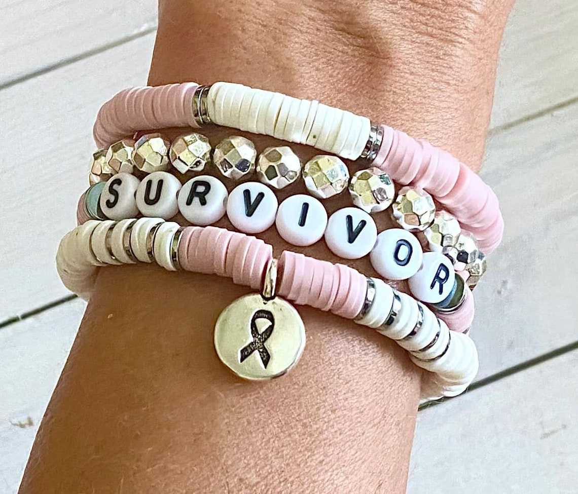 Breast Cancer Pink Stacked Stretch Awareness Ribbon Bracelet Survivor ...