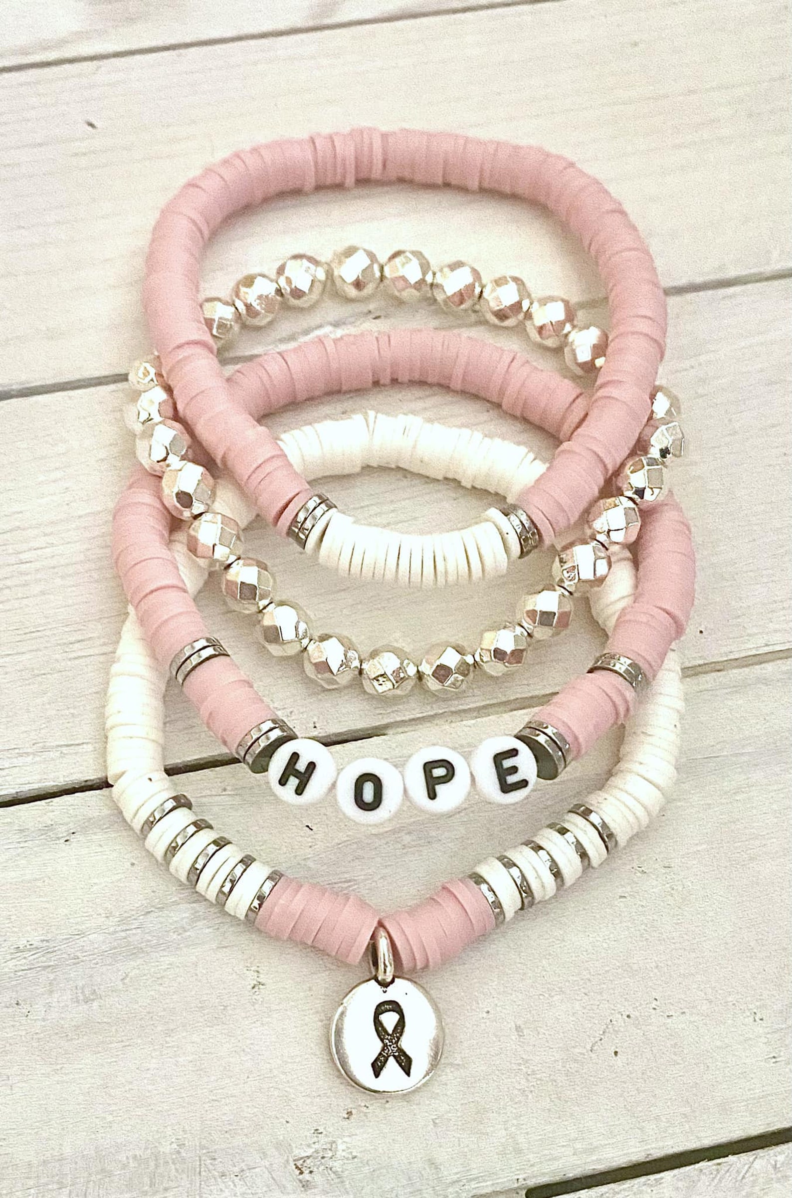 Breast Cancer Pink Stacked Stretch Awareness Ribbon Bracelet Survivor ...