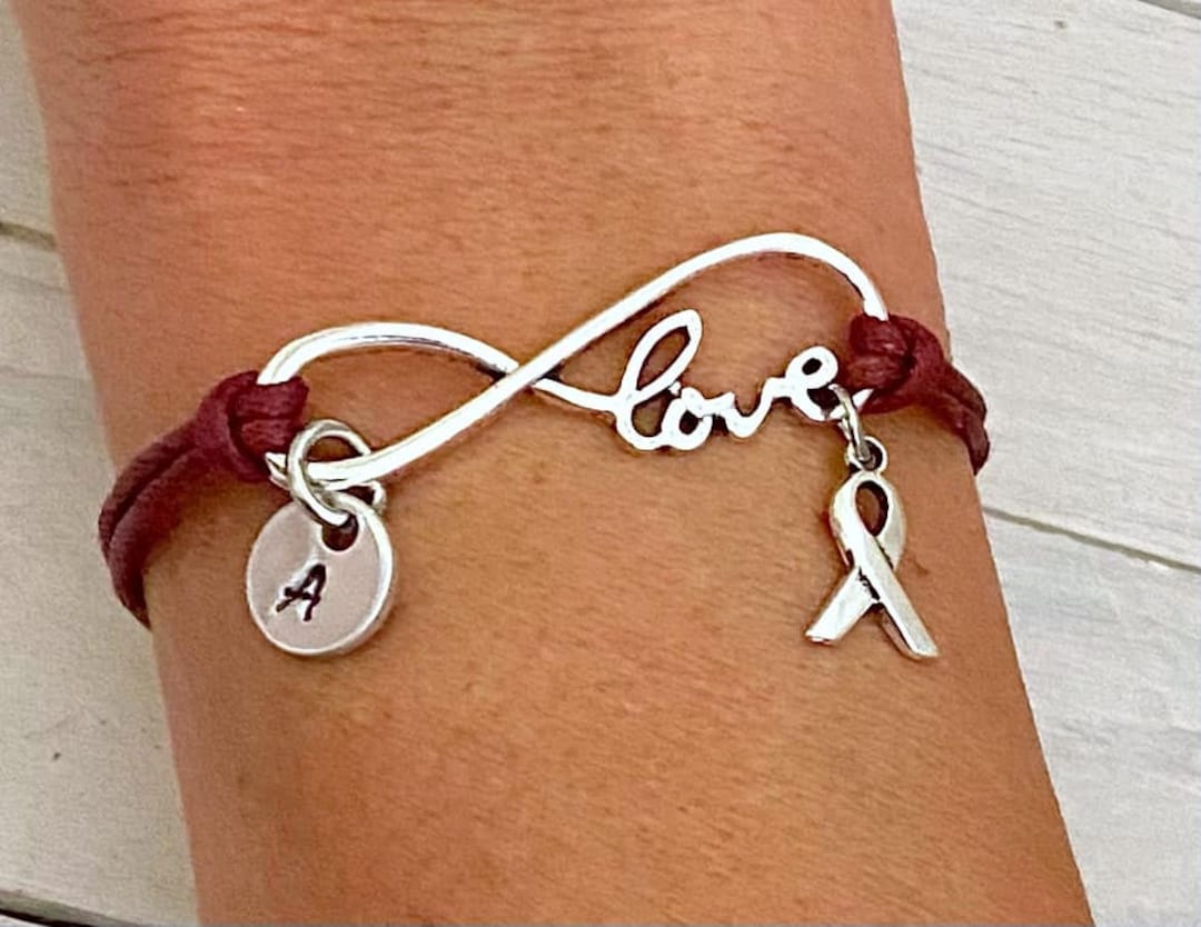 Burgundy HOPE LOVE Infinity Bracelet and Optional Letter Initial And/or Ribbon Charm Aneurysm ...