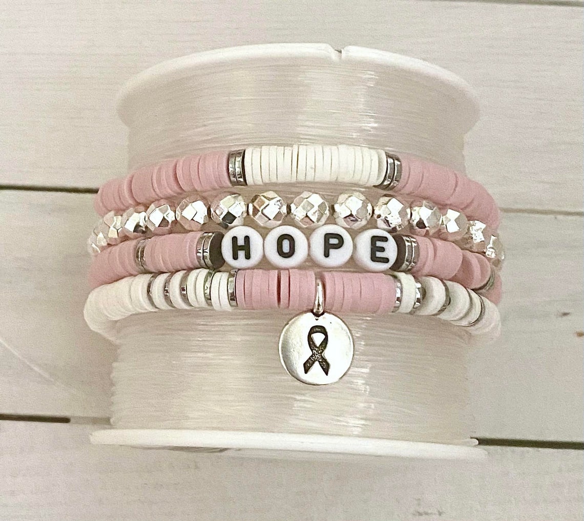 Breast Cancer Pink Stacked Stretch Awareness Ribbon Bracelet Survivor ...