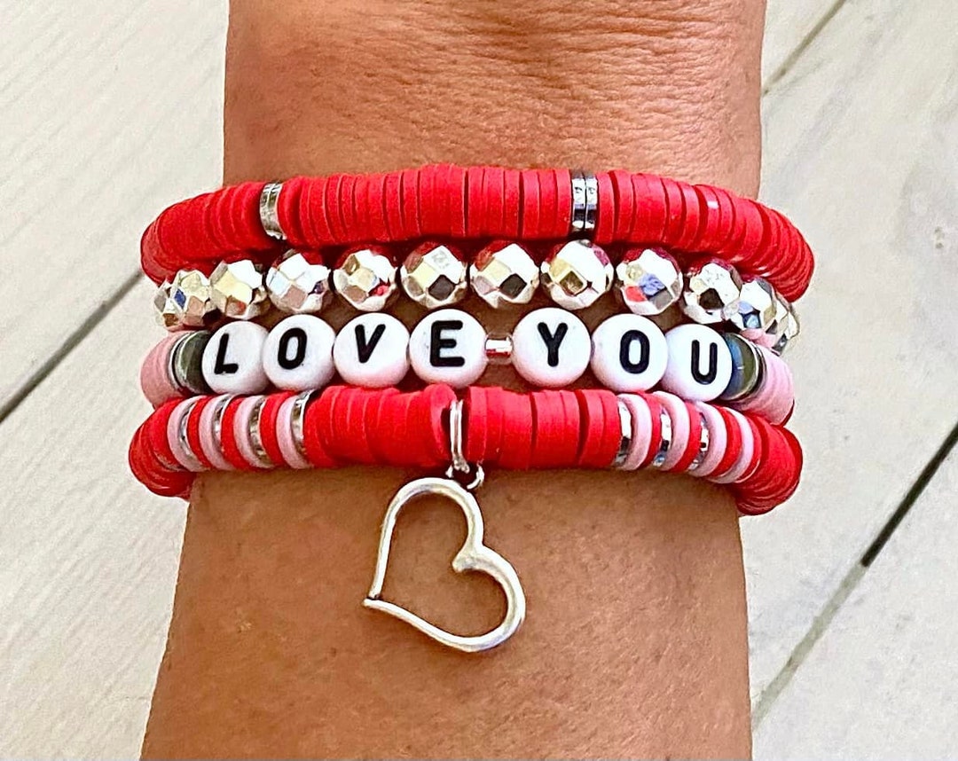 Sweetheart Valentines Heart Love Personalized Stacked Stretch Bracelet ...