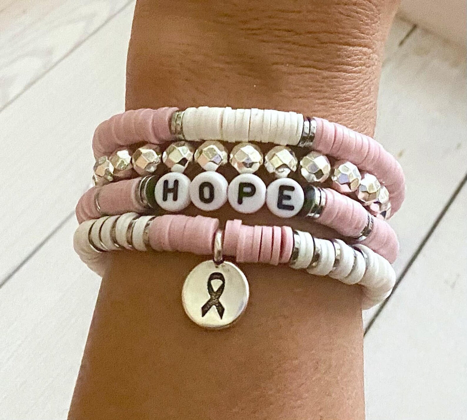 Breast Cancer Pink Stacked Stretch Awareness Ribbon Bracelet Survivor ...