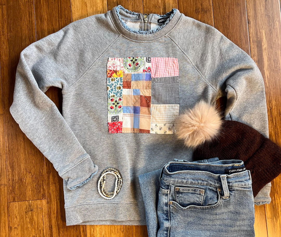 Quilt Sweatshirt Vintage Quilt Block Upcycled Sweatshirt Size XS - Etsy