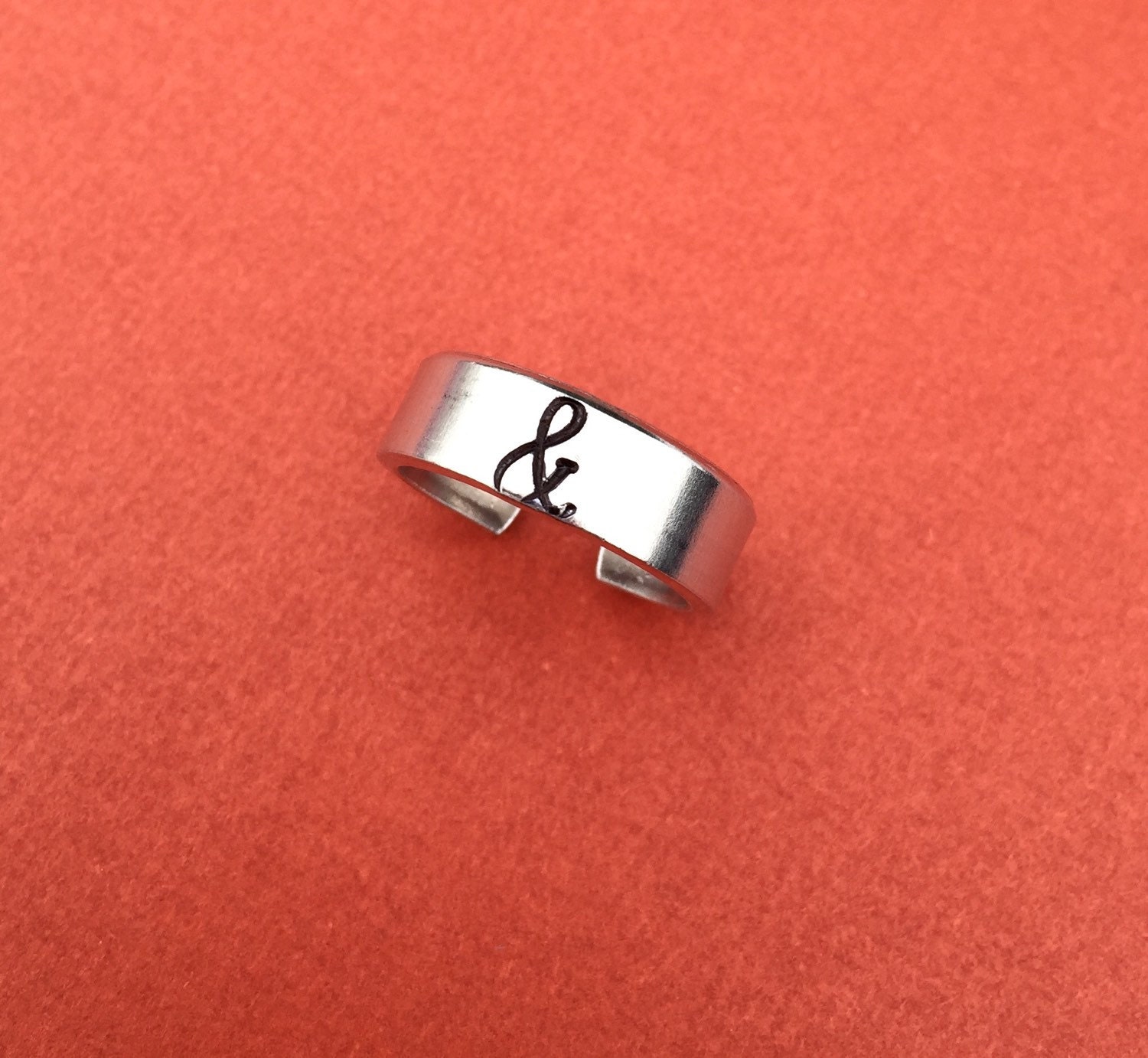 Ampersand & Hand Stamped Cuff Band Ring Adjustable Shiny Silver Color ...