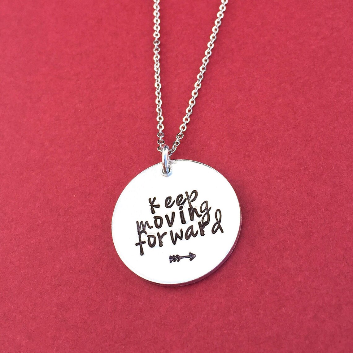 Keep Moving Forward Necklace With Arrow Hand Stamped Aluminum Round ...