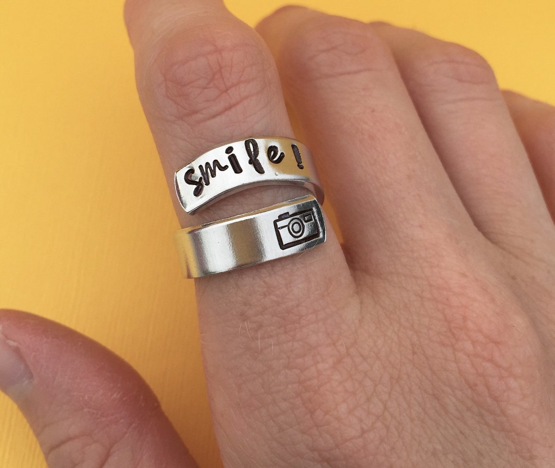 Smile Hand Stamped Ring Camera Spiral Twist Wrap Aluminum Photographer ...