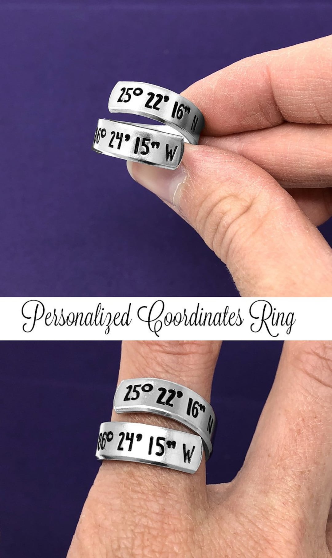 GPS Coordinates Ring, Hand Stamped Ring, Wrap Ring, Favorite Place ...
