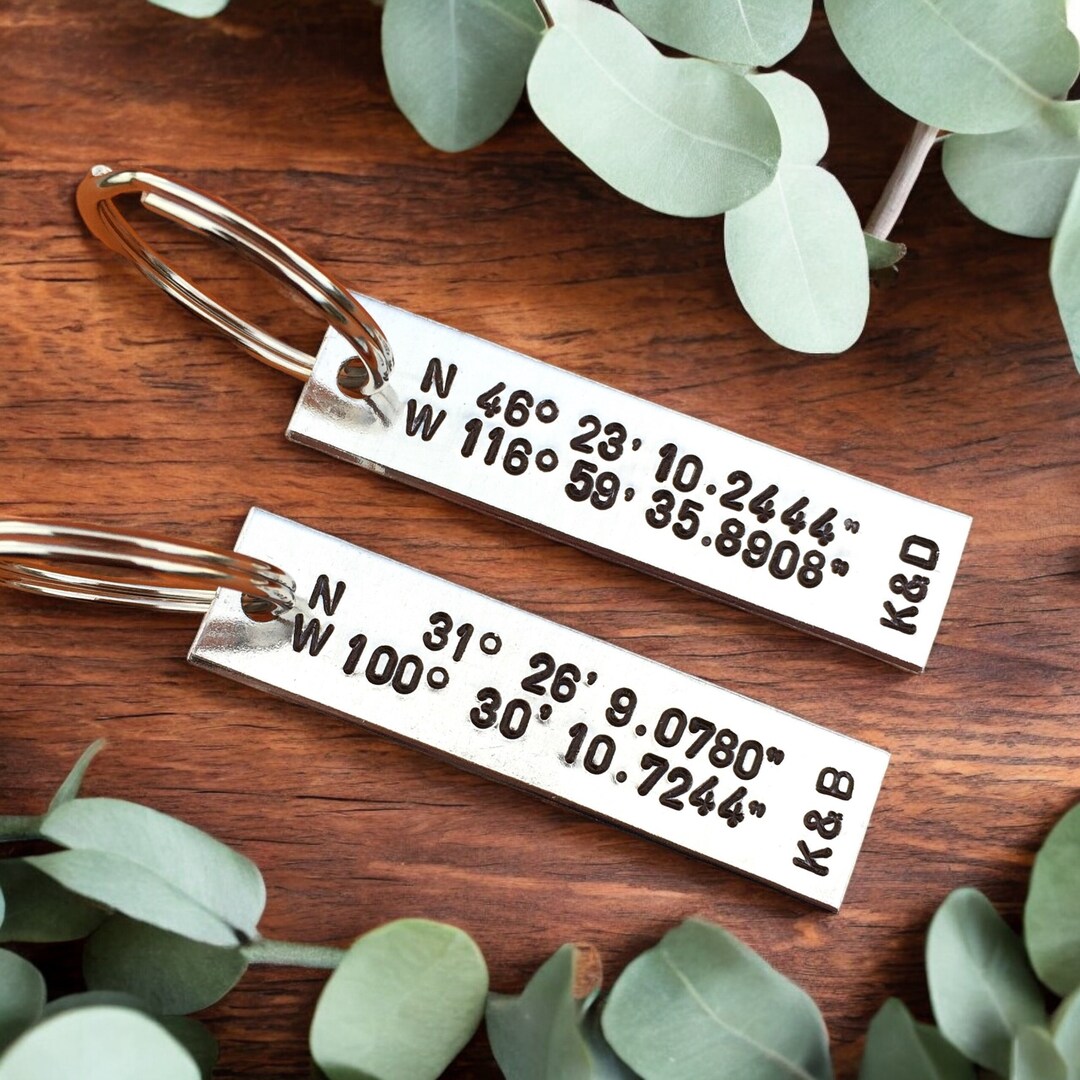 GPS Coordinates With Initials Set of 2 Hand Stamped Keychain Aluminum ...