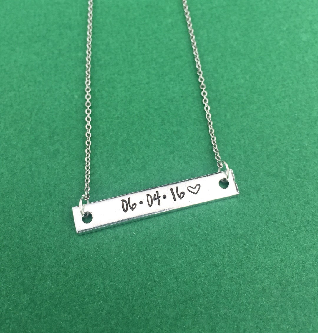 Personalized Date Bar Necklace, Hand Stamped Aluminum Anniversary Gift ...