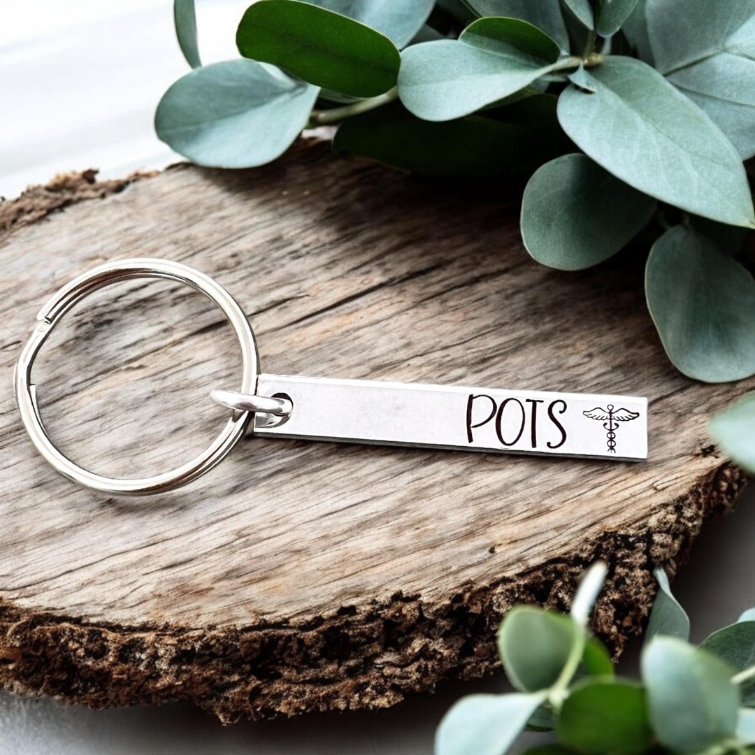 POTS Syndrome Medical Alert Keychain, Hand Stamped Vertical Bar Key Tag ...