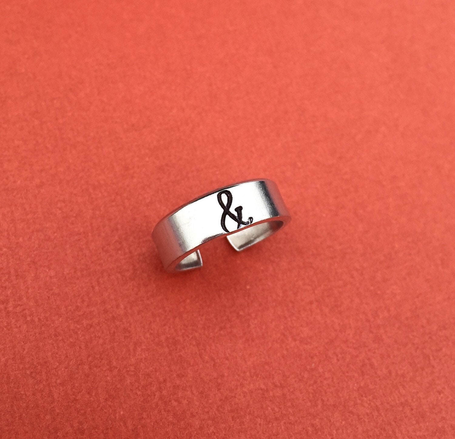 Ampersand & Hand Stamped Cuff Band Ring Adjustable Shiny Silver Color ...