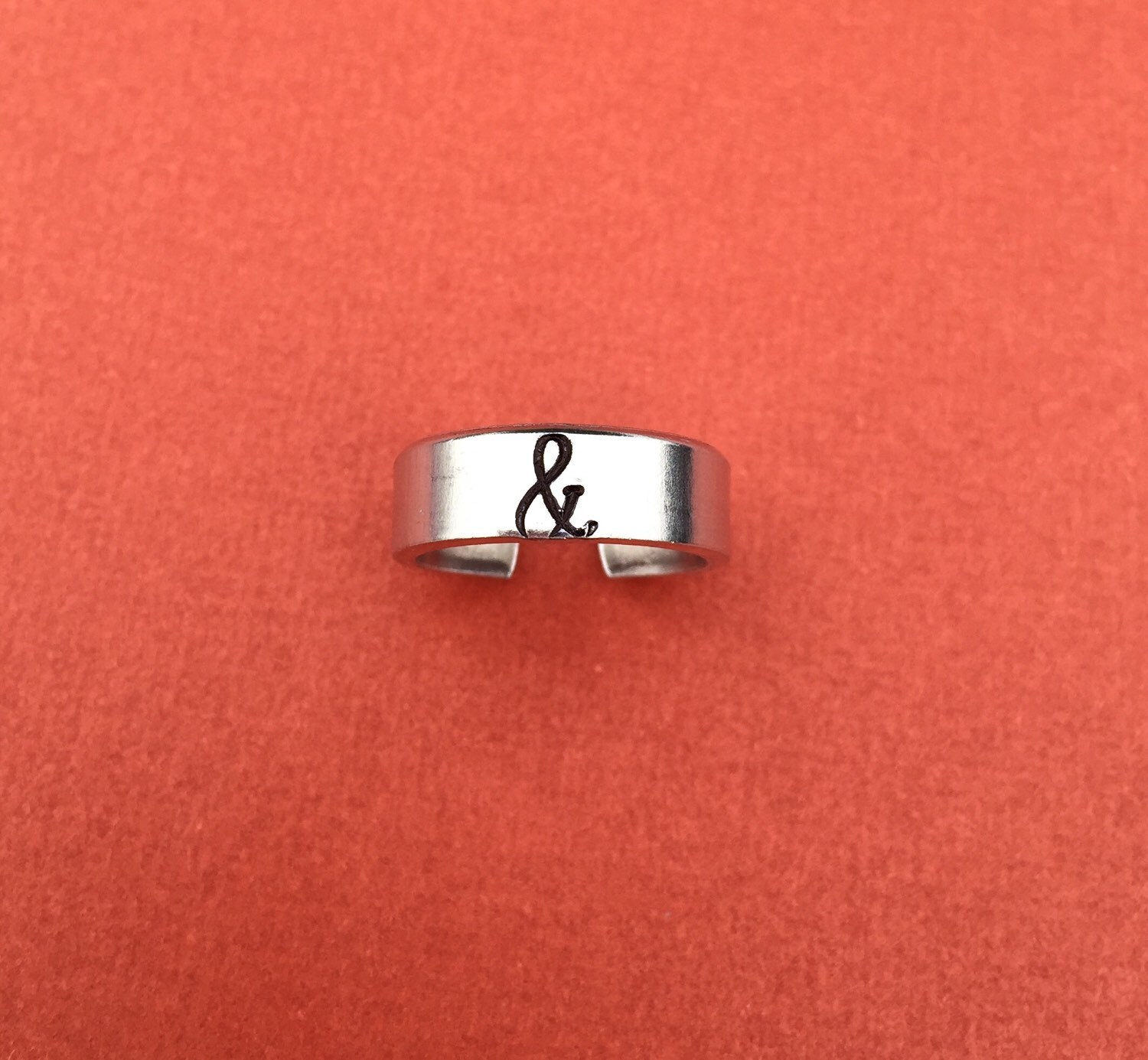 Ampersand & Hand Stamped Cuff Band Ring Adjustable Shiny Silver Color ...