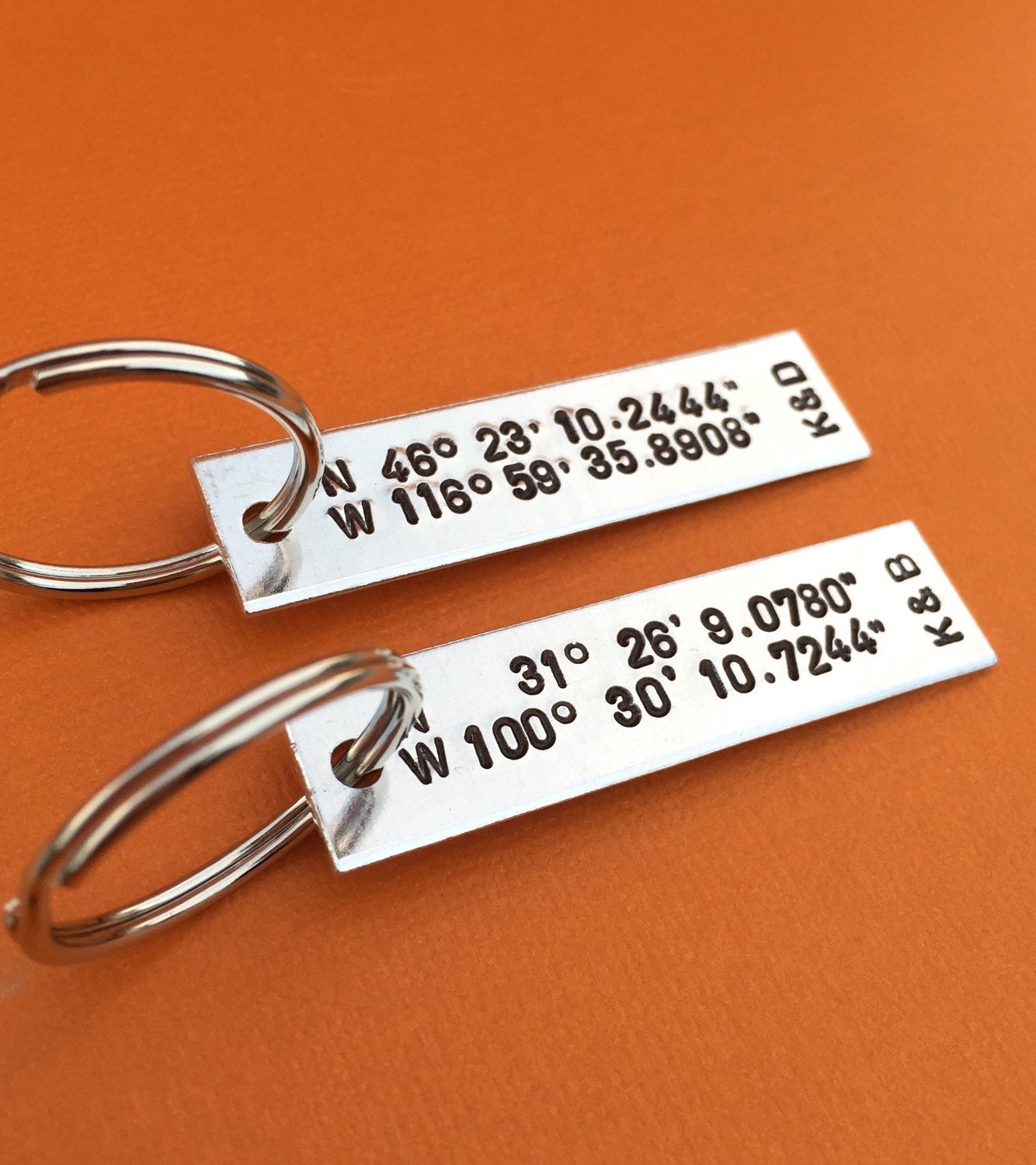 GPS Coordinates With Initials Set of 2 Hand Stamped Keychain | Etsy