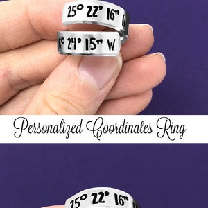 GPS Coordinates Ring, Hand Stamped Ring, Wrap Ring, Favorite Place ...