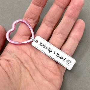 Wake up & Grind Stamped Keychain Hammered Heart Keychain Gift - Etsy