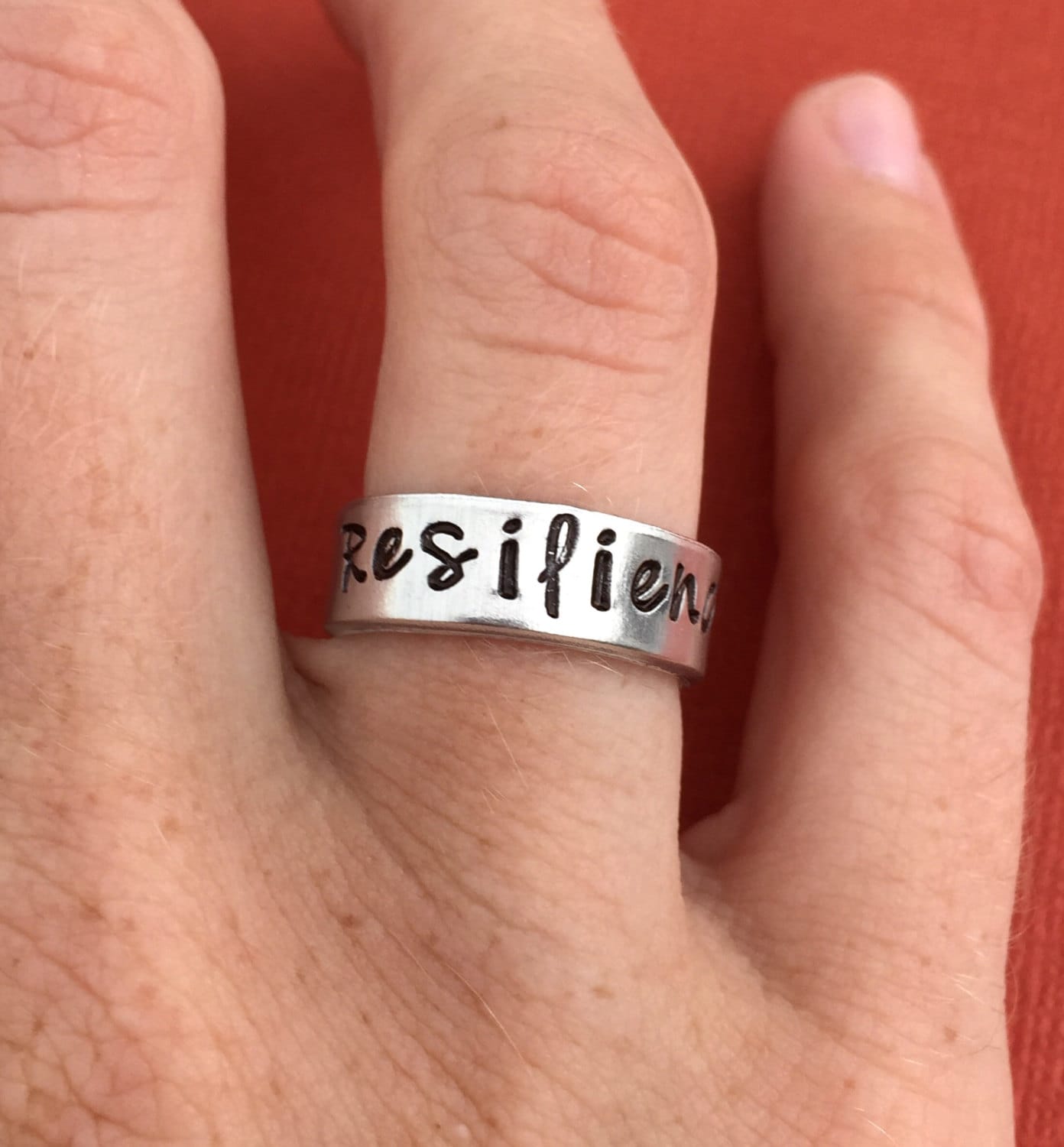 Resilience Hand Stamped Cuff Band Ring Adjustable Aluminum | Etsy