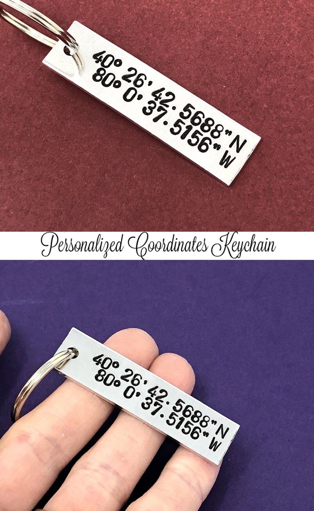 Coordinates Keychain Hand Stamped Aluminum Silver Color Gift Longitude ...
