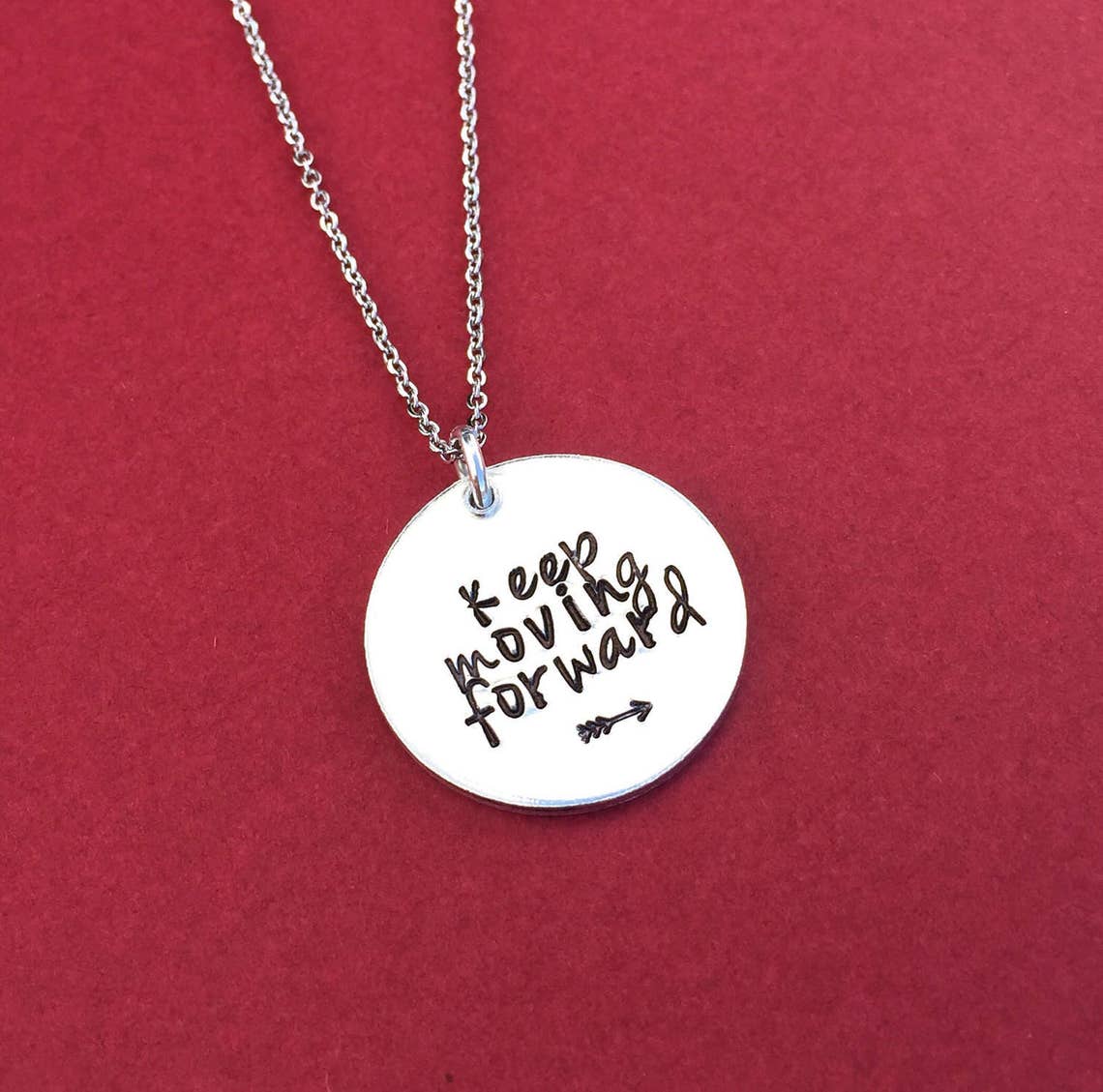Keep Moving Forward Necklace With Arrow Hand Stamped Aluminum Round ...