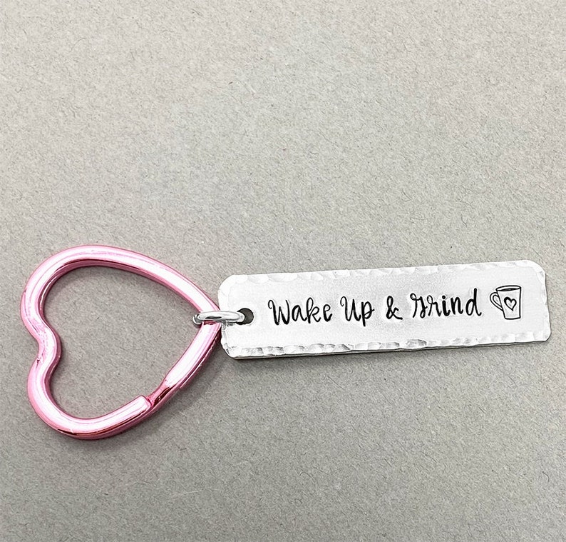 Wake up & Grind Stamped Keychain Hammered Heart Keychain Gift - Etsy