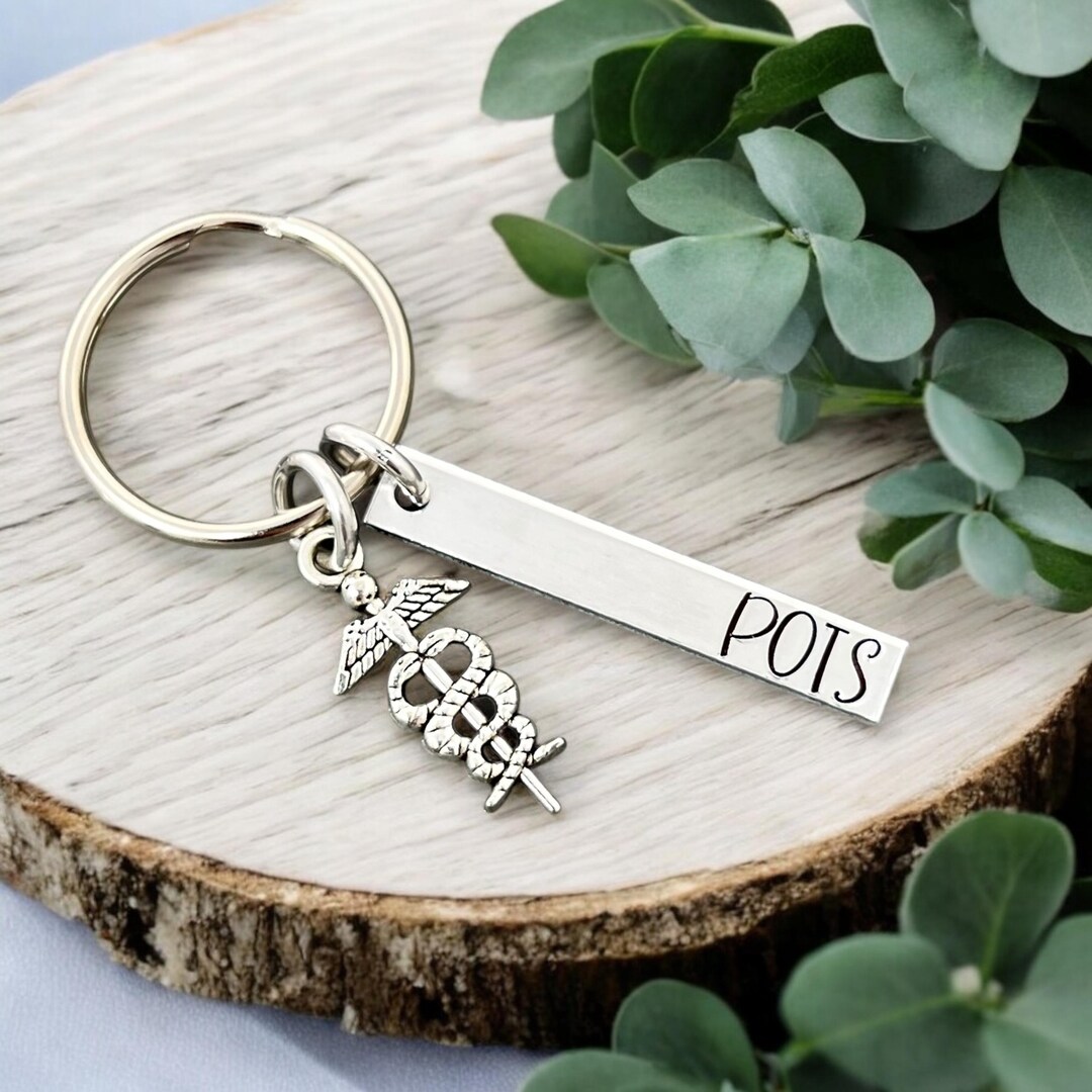 POTS Syndrome Medical Alert Keychain & Caduceus Charm, Hand Stamped ...
