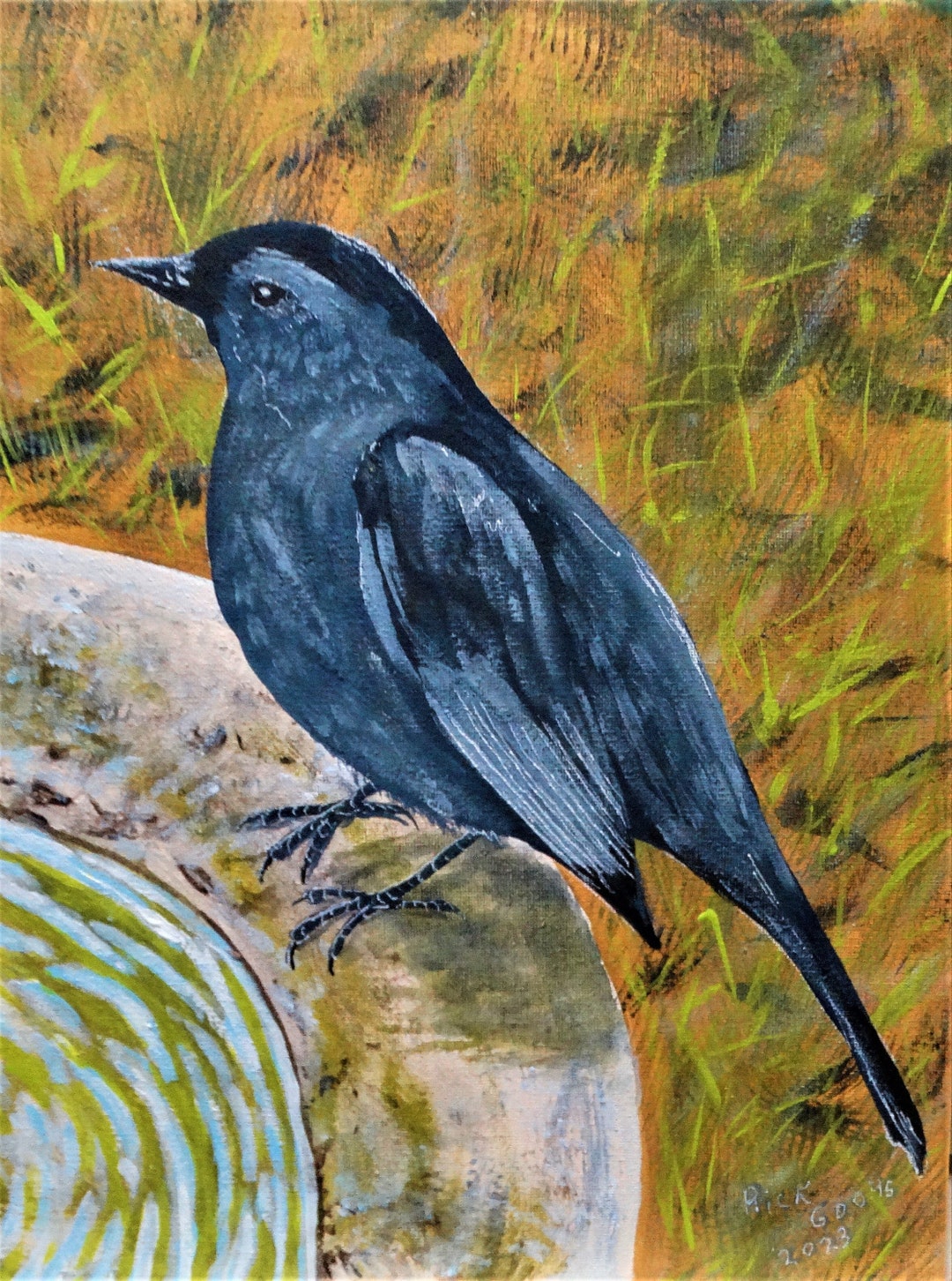 Catbird at the Fountain original Acrylic Painting Bird Wall Art ...
