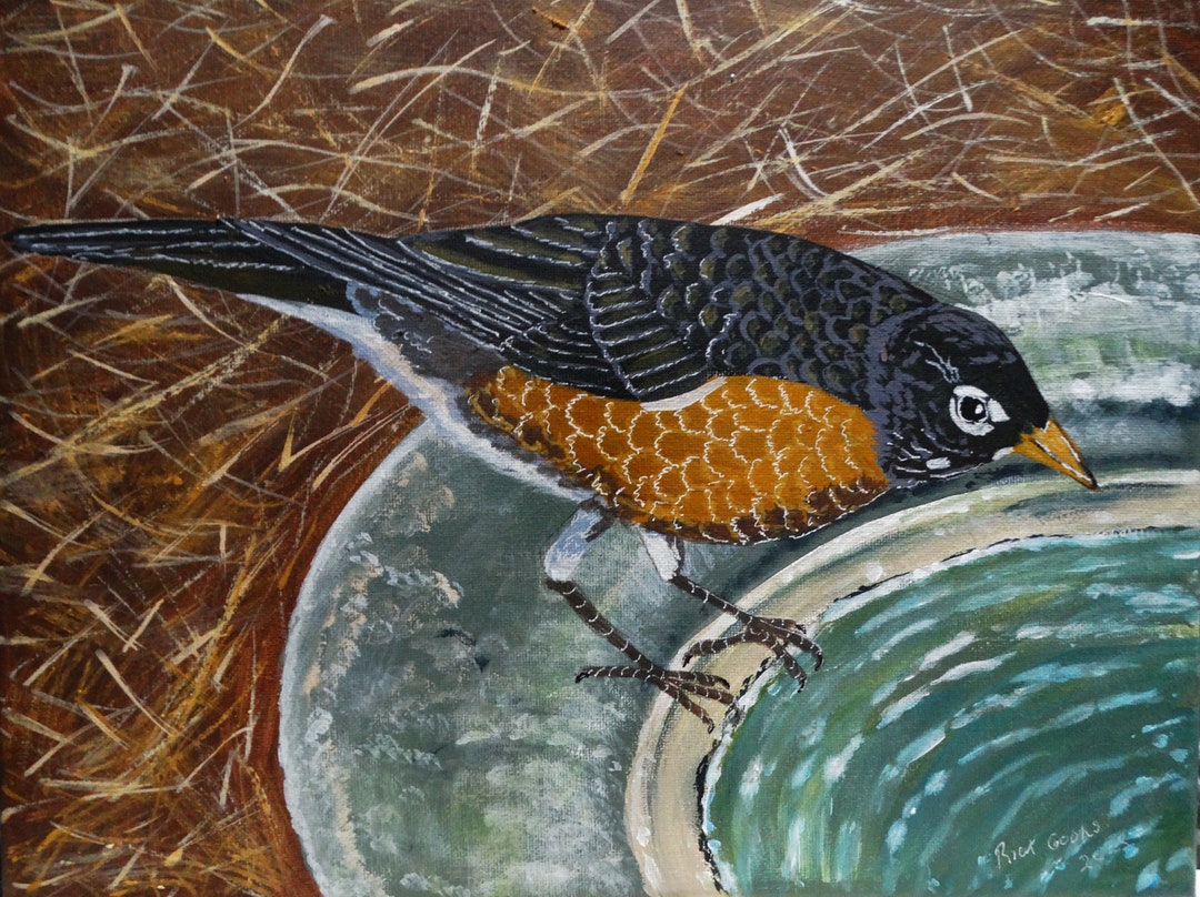 Robin in a Fountain 4, Original Acrylic Painting, Bird Art, Wall Art ...