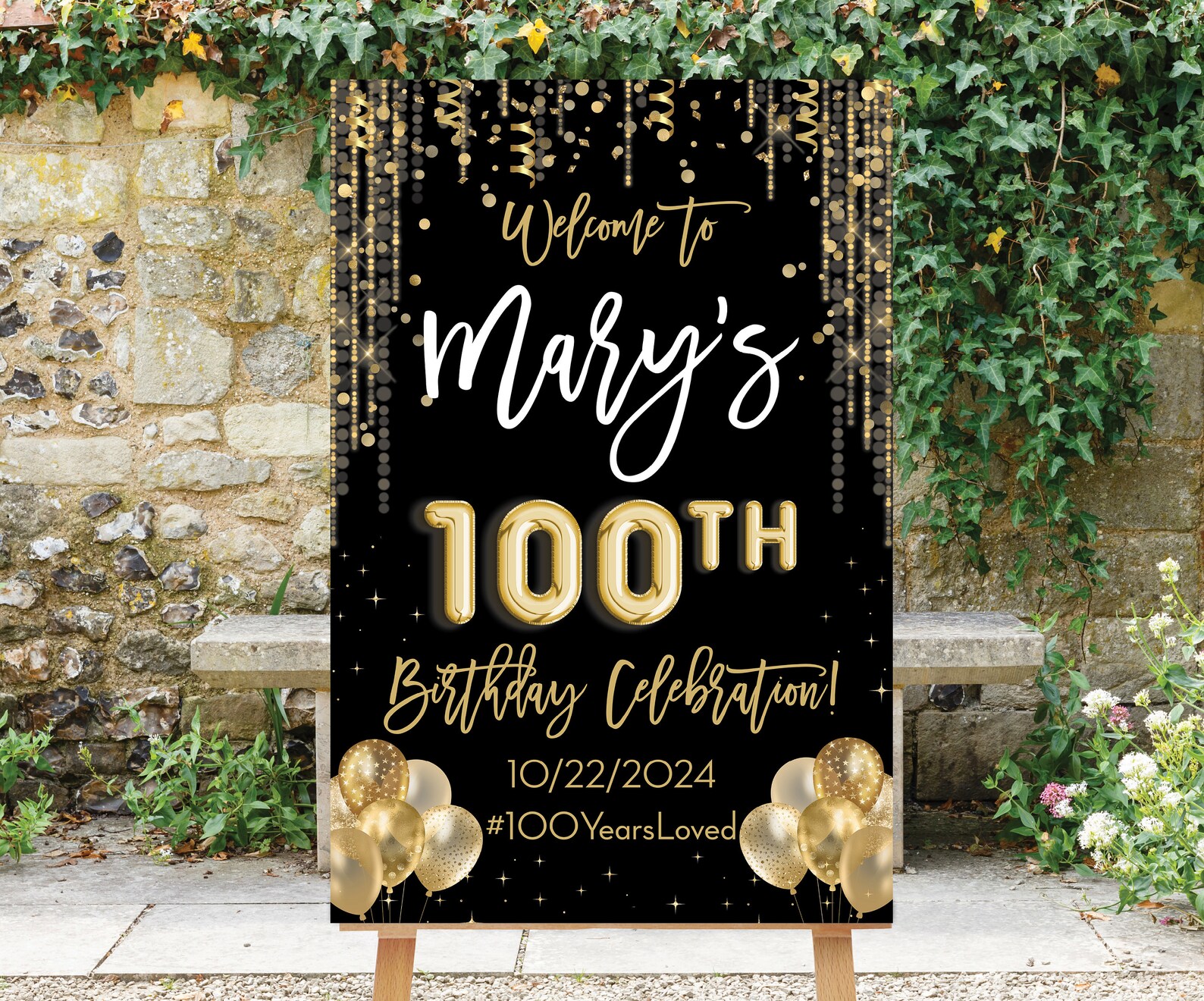 100th Birthday Welcome Sign, 100th Birthday Party, Black Gold, Gold ...