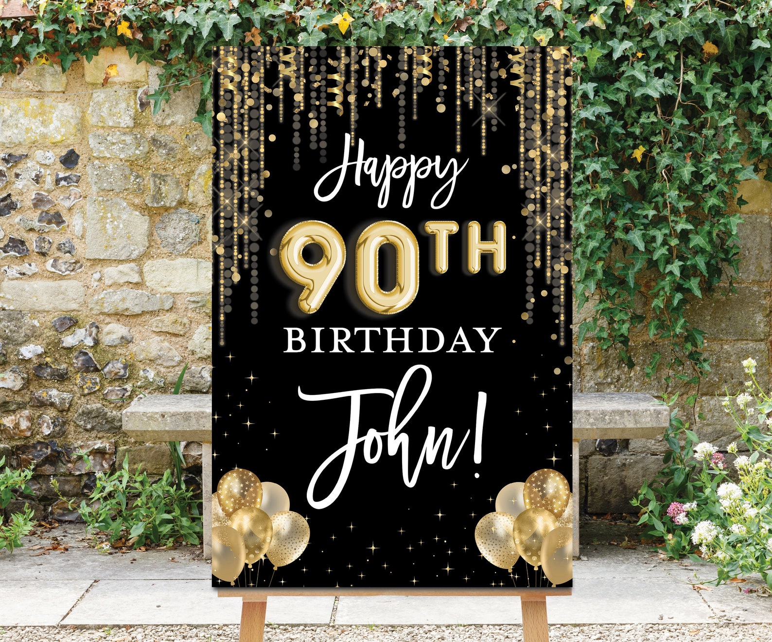 Happy 90th Birthday Sign, 80th 90th 100th Birthday, Black Gold, Gold ...