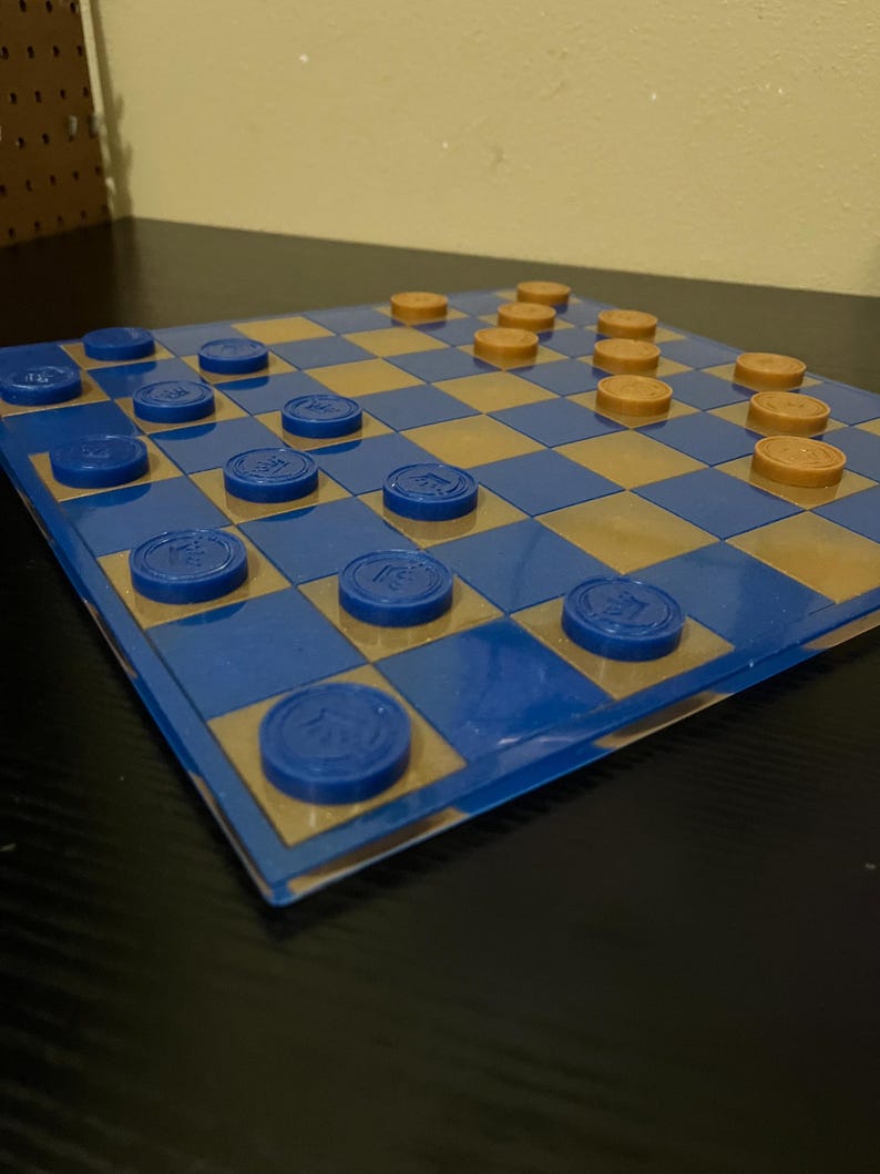 Blue and Gold Handmade Checker Set. Comes With 24 Pieces, a Board, and ...