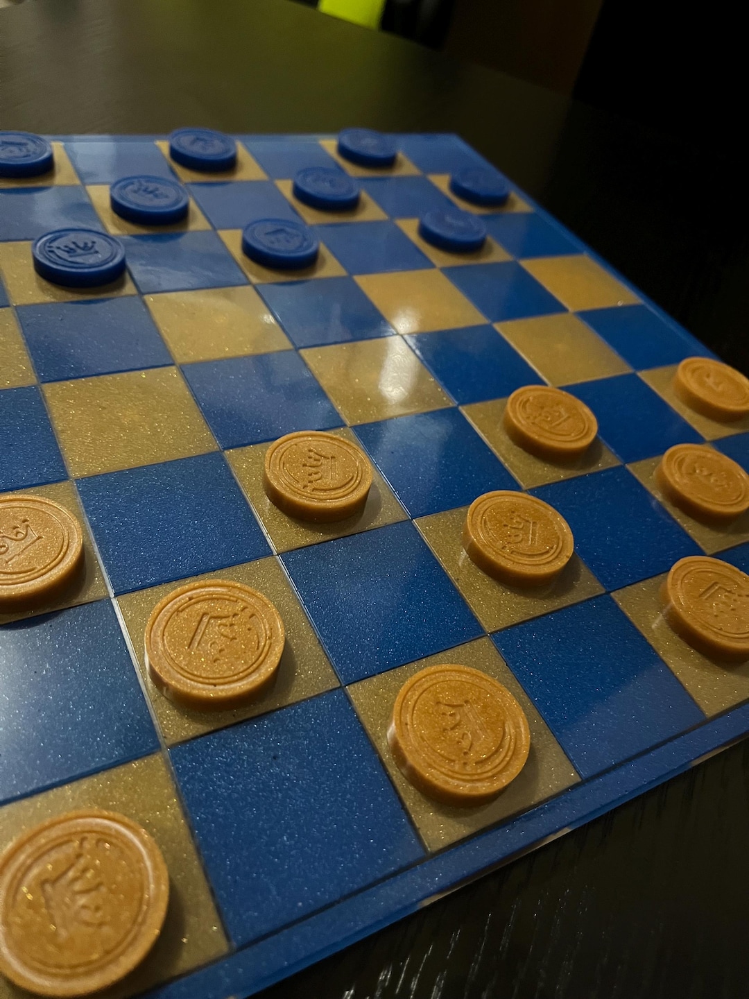 Blue and Gold Handmade Resin Checker Set. Comes With 24 Pieces, a Board ...