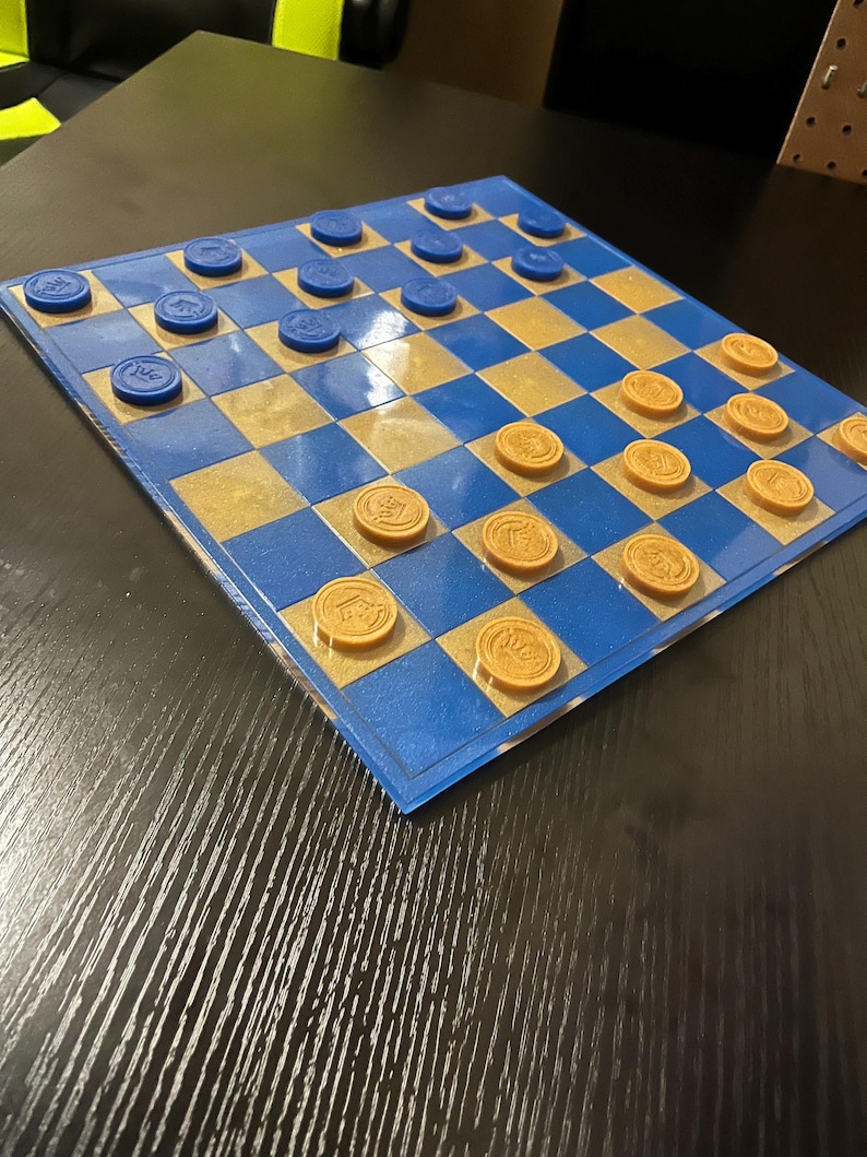 Blue and Gold Handmade Checker Set. Comes With 24 Pieces, a Board, and ...