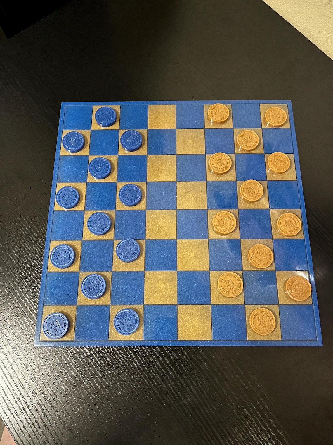 Blue and Gold Handmade Checker Set. Comes With 24 Pieces, a Board, and ...