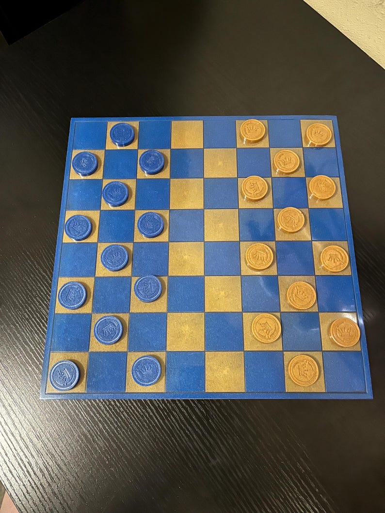 Blue and Gold Handmade Checker Set. Comes With 24 Pieces, a Board, and ...