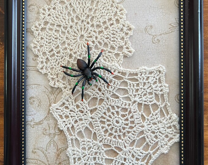 Vintage Crochet Doily Spider Web Picture, Halloween, Spider Decoration ...