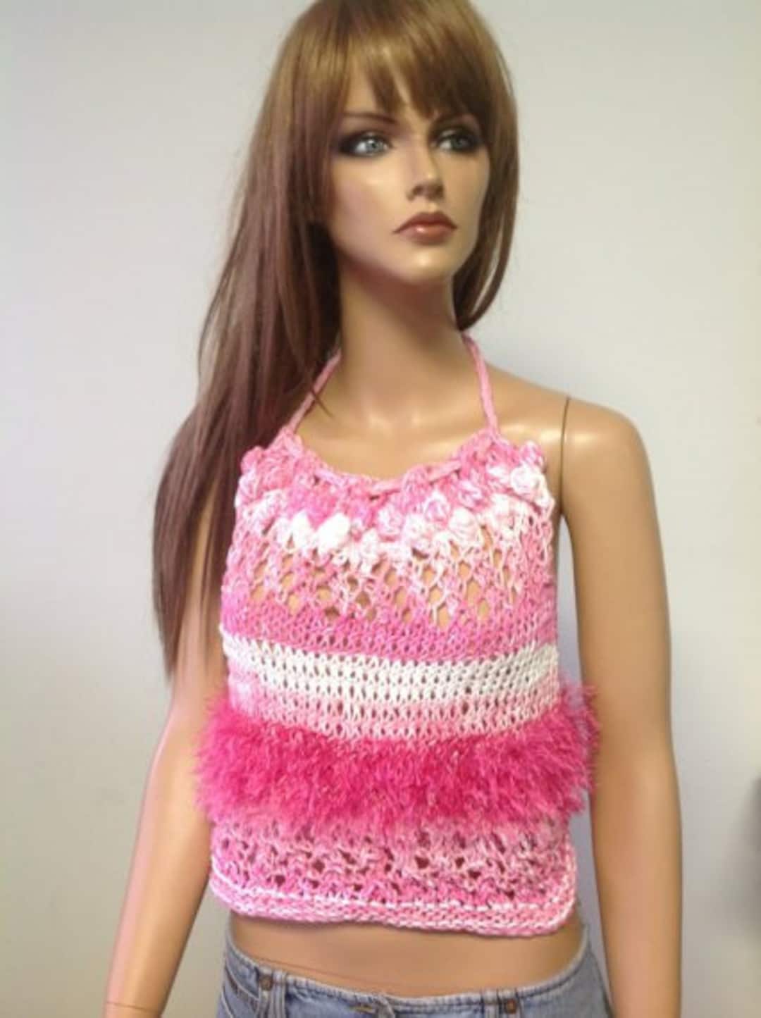 Hand Knit Cotton Halter Designer Fashion Hot Pink White Hip Spring ...