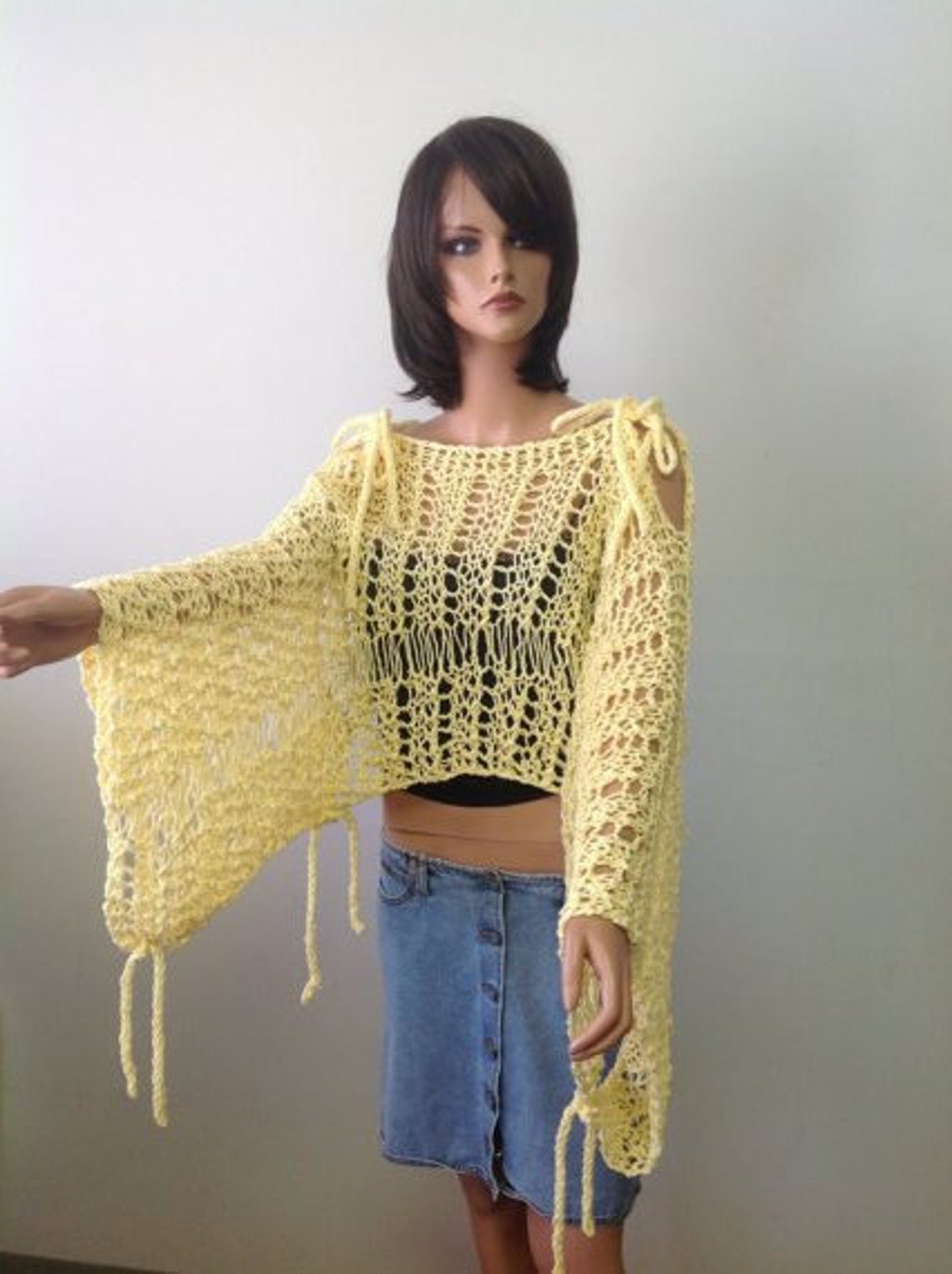 Hand Knit Cotton Lace Shrug Halter Shawl Wrap Yellow Sunhine Spring ...