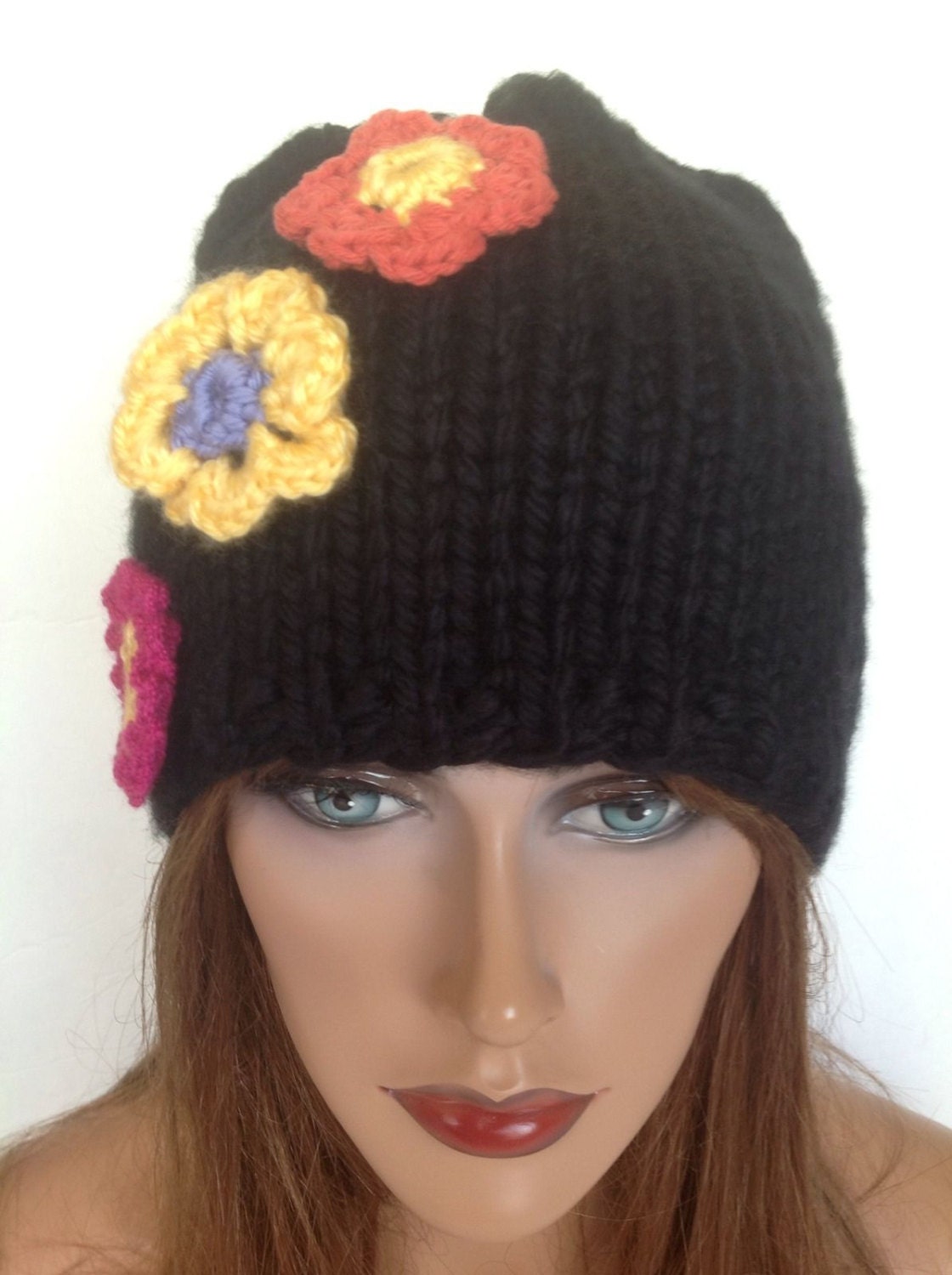Sold Special Order Only Hand Knit Beanie Cap Flowers Designer - Etsy