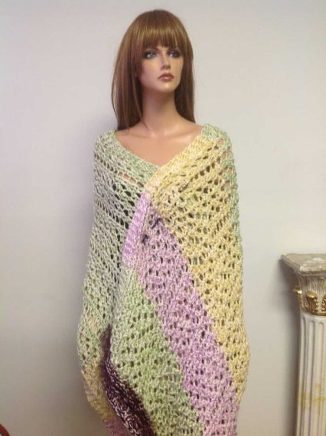 Hand Knit Extra Long Wide Shawl Wrap Stole Cape Lace Lattice Style ...