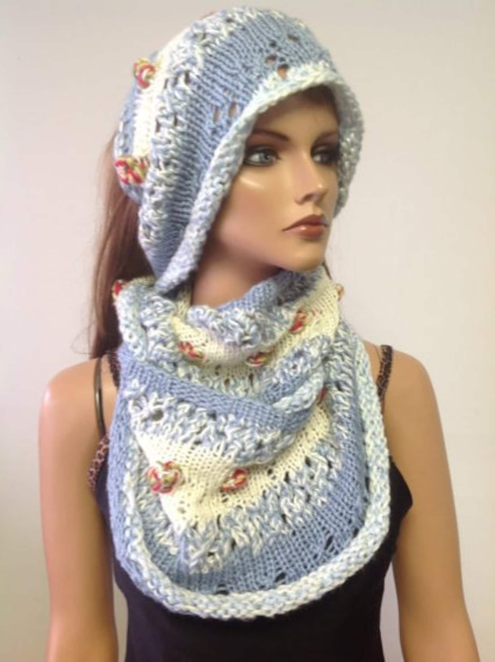 Hand Knit Extra Long Denim Circular Shawl Custom Order Cowl Scarf Roses ...
