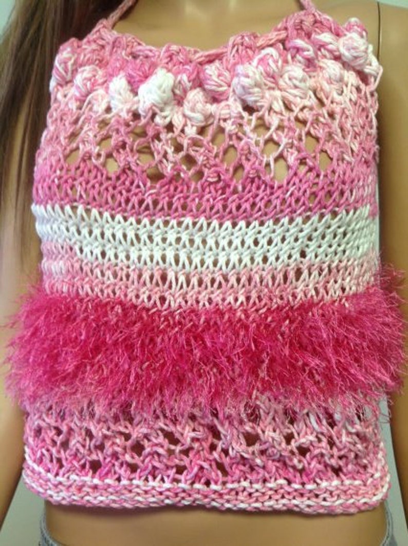 Hand Knit Cotton Halter Designer Fashion Hot Pink White Hip - Etsy