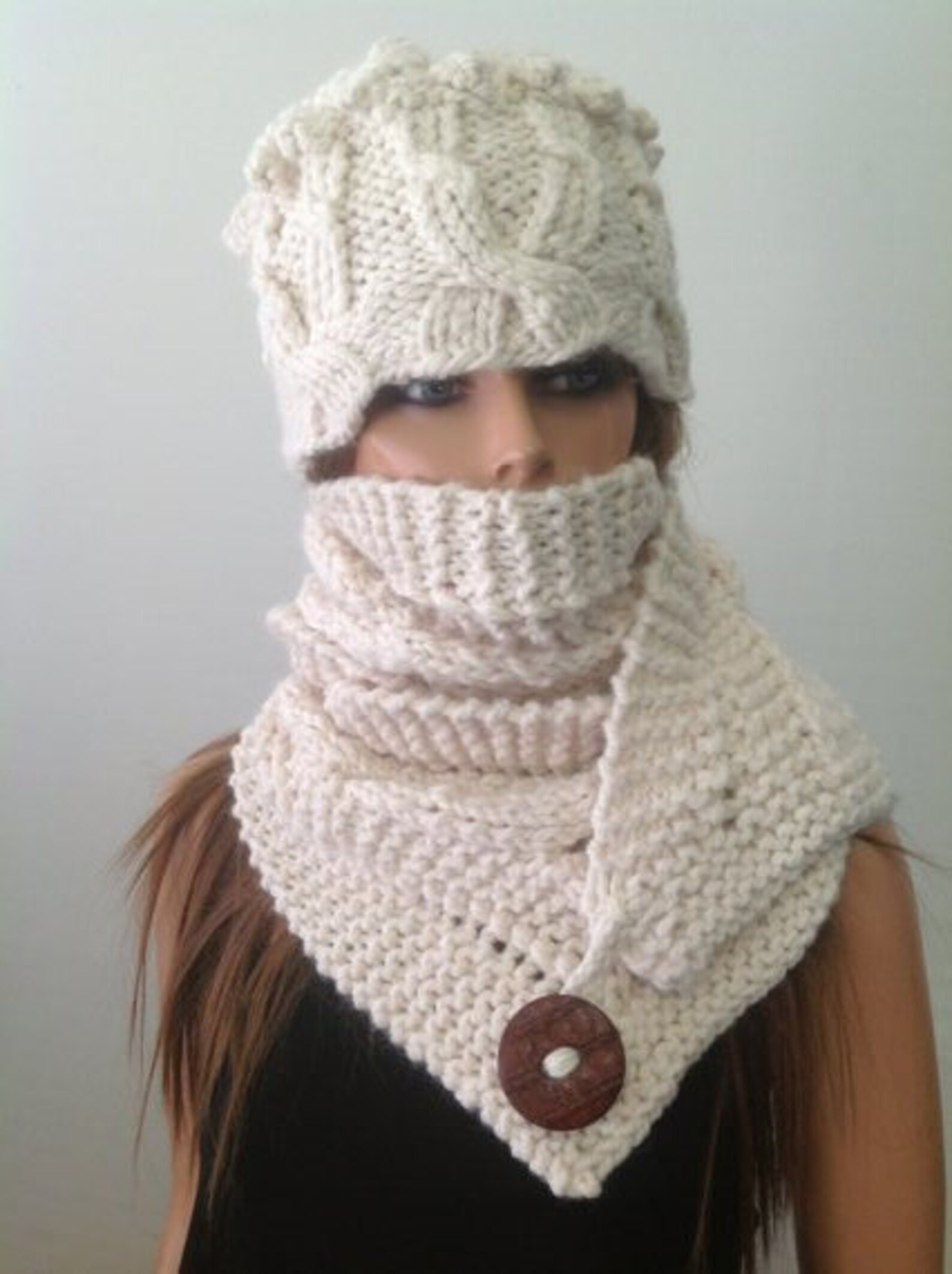 Hand Knit Hat Shawl Scarf Cowl Wrap Set Designer Afashion Wool Blend ...