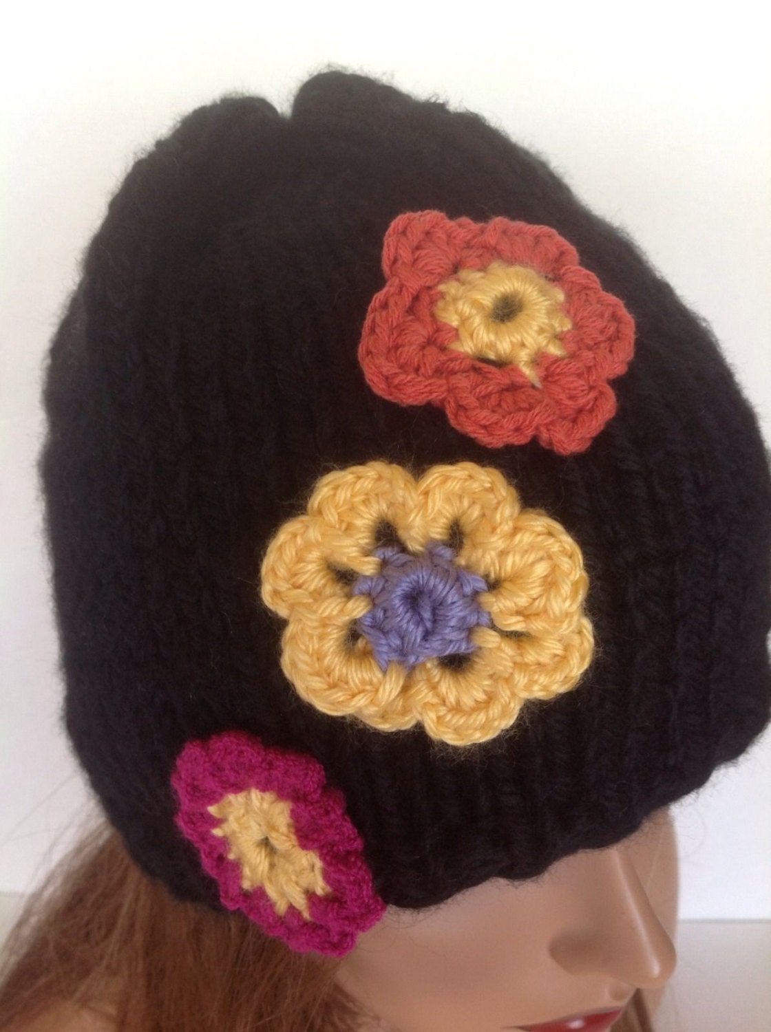 Sold Special Order Only Hand Knit Beanie Cap Flowers Designer - Etsy