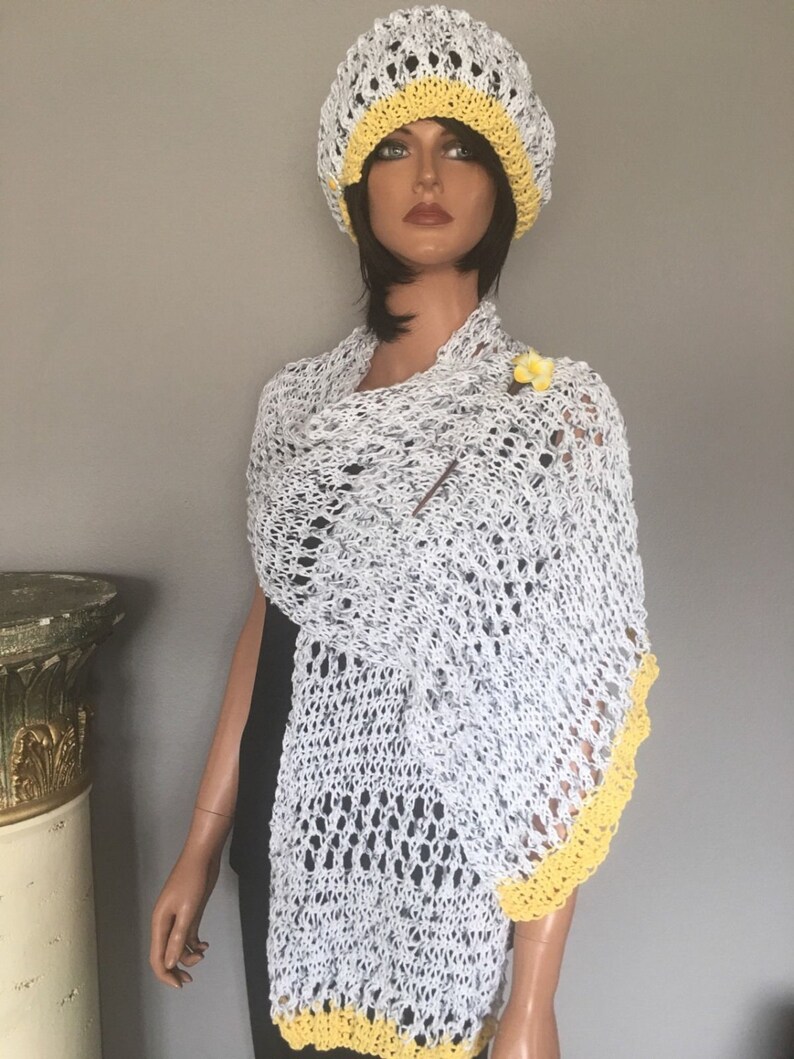 Hand Knit Hat Scarf Shawl Slouch Set Cotton Women Lace Spring Summer ...